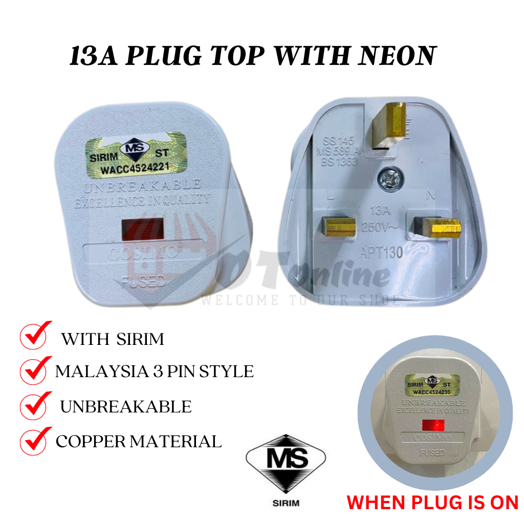 READY STOCK HIGH QUALITY 13A 3 PIN PLUG TOP / 3PIN APPROVED UK PLUG TOP ...
