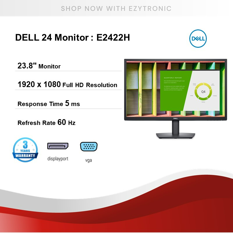 Dell 24 Monitor E2422H with 1920 x 1080 Resolution Display port VGA for ...