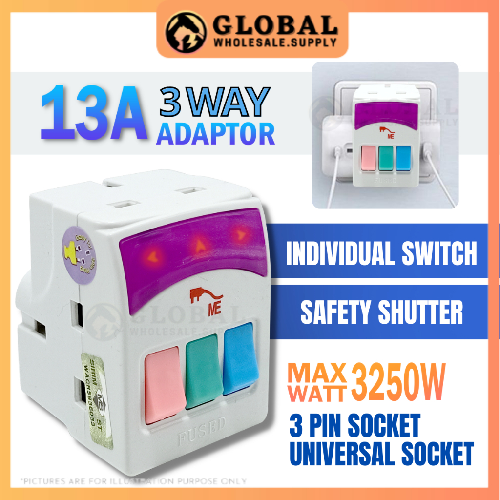[READY STOCK] ME 13AMP 3 Way Adapter 3 Pin Plug / Universal Adapter ...