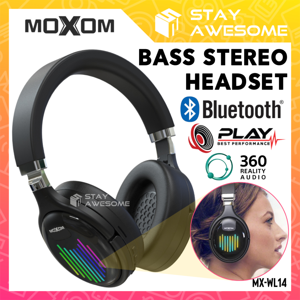 MOXOM Wireless Bluetooth Headphone RGB LED Light Headset With SD Card Bass Headphones Black ...