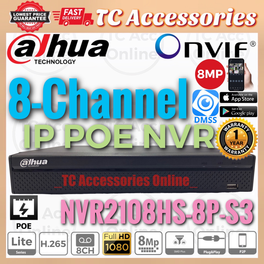 Dahua POE NVR2108HS-8P-S3 8-Channel 8CH FULL HD 1080P VGA/HDMI NVR CCTV ...