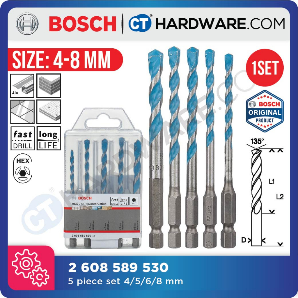 BOSCH 2 608 589 530 HEX-9 MULTICONSTRUCTION 5PC DRILL BIT SET SIZE 4 MM ...