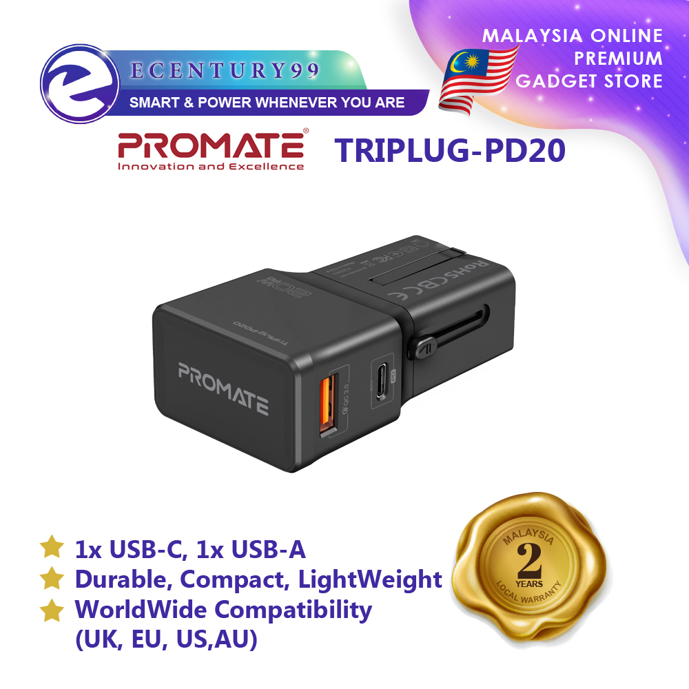 Promate TriPlug-PD20 All-In-One Worldwide Travel Adapter Wall Charger ...