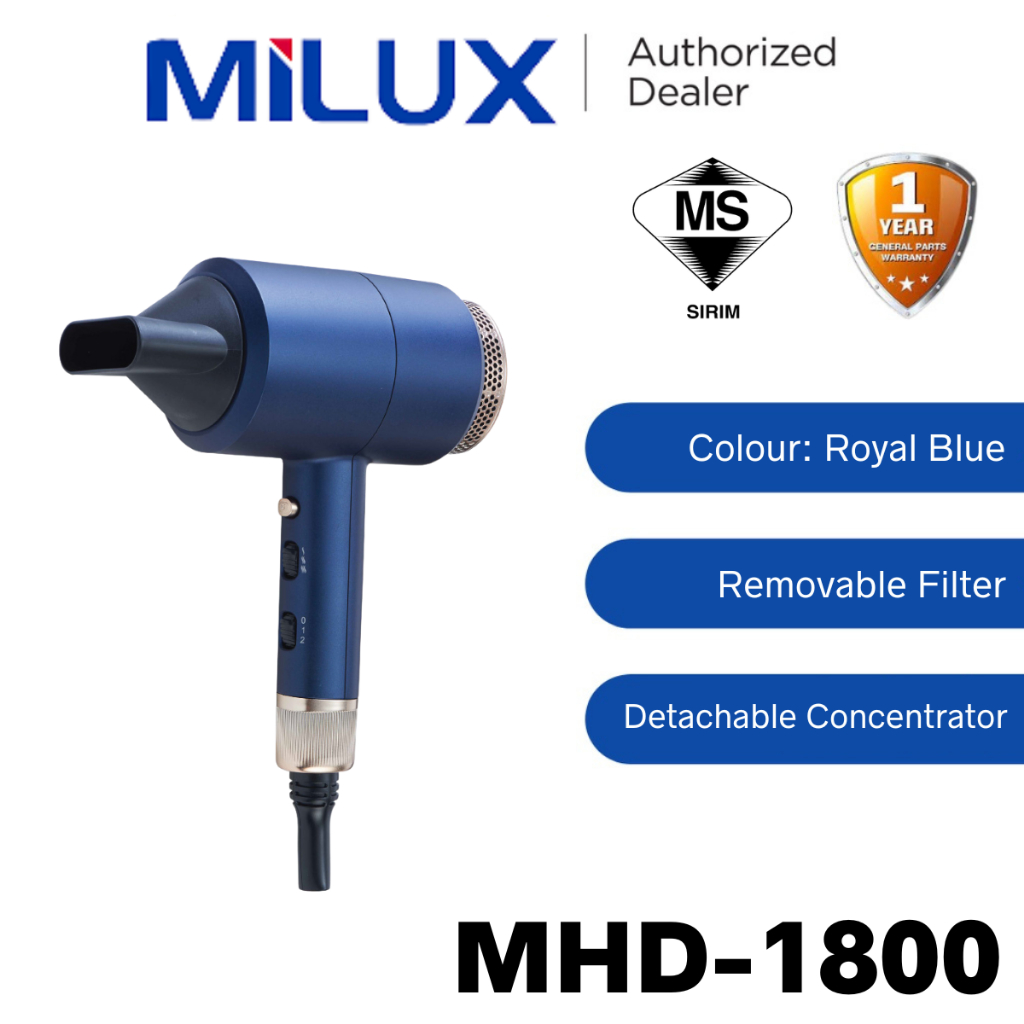 MILUX 2 Speeds Hair Dryer 1800W MHD-1800 Royal Blue / Removable Filter ...