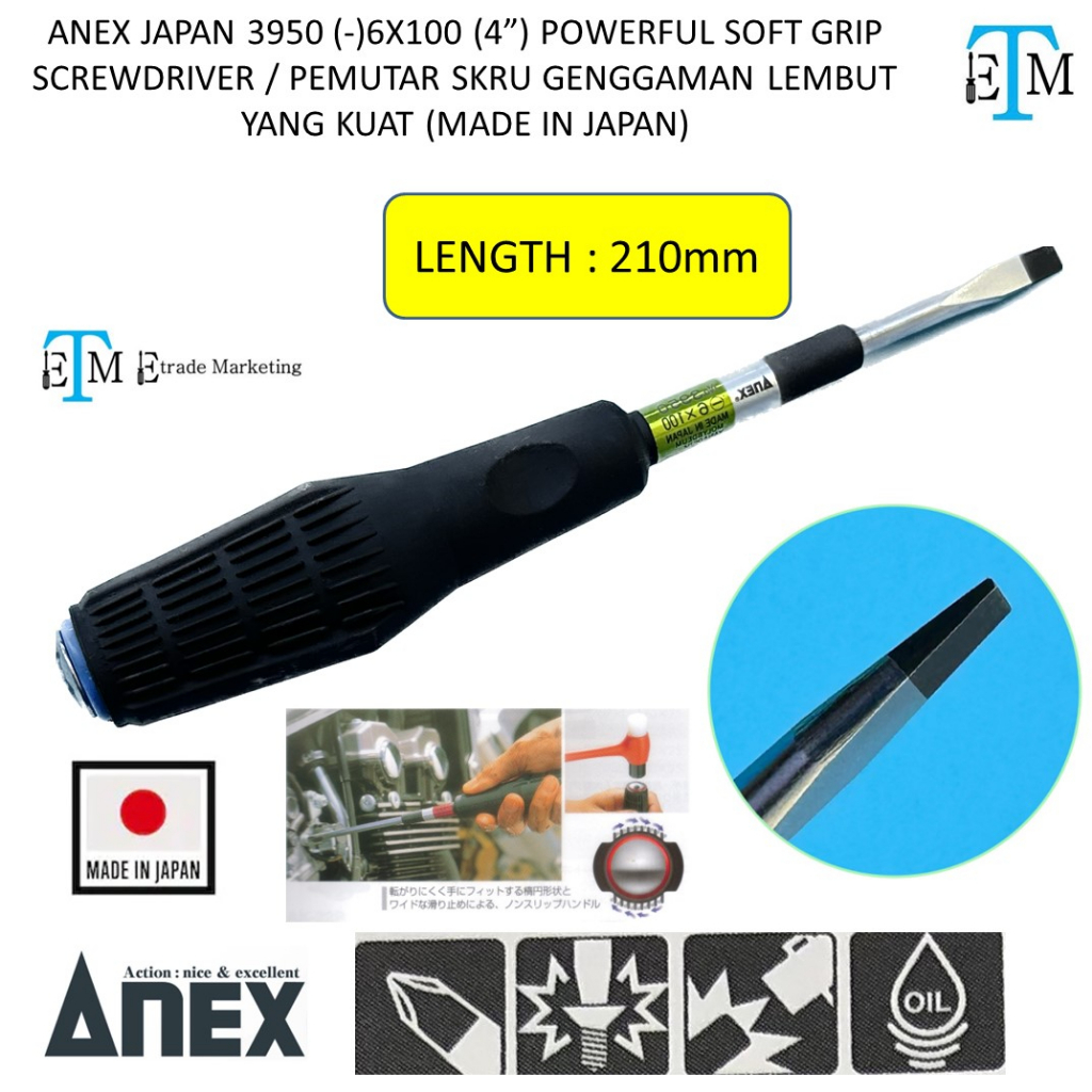 ANEX JAPAN 3950 (-)6X100 (4") POWERFUL SOFT GRIP SCREWDRIVER / PEMUTAR ...