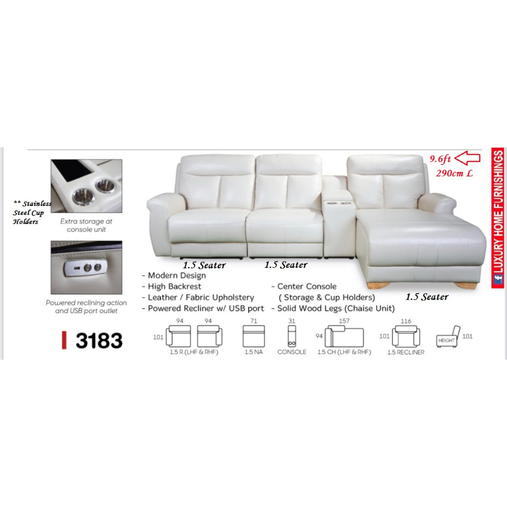 Lx 3183, 9.6ft Length Electric recliner action with USB & Console Box ...