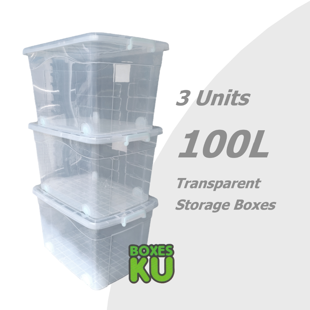 [New] 3 Units 100Litre Transparent Storage Box With Wheels / 3 Unit ...