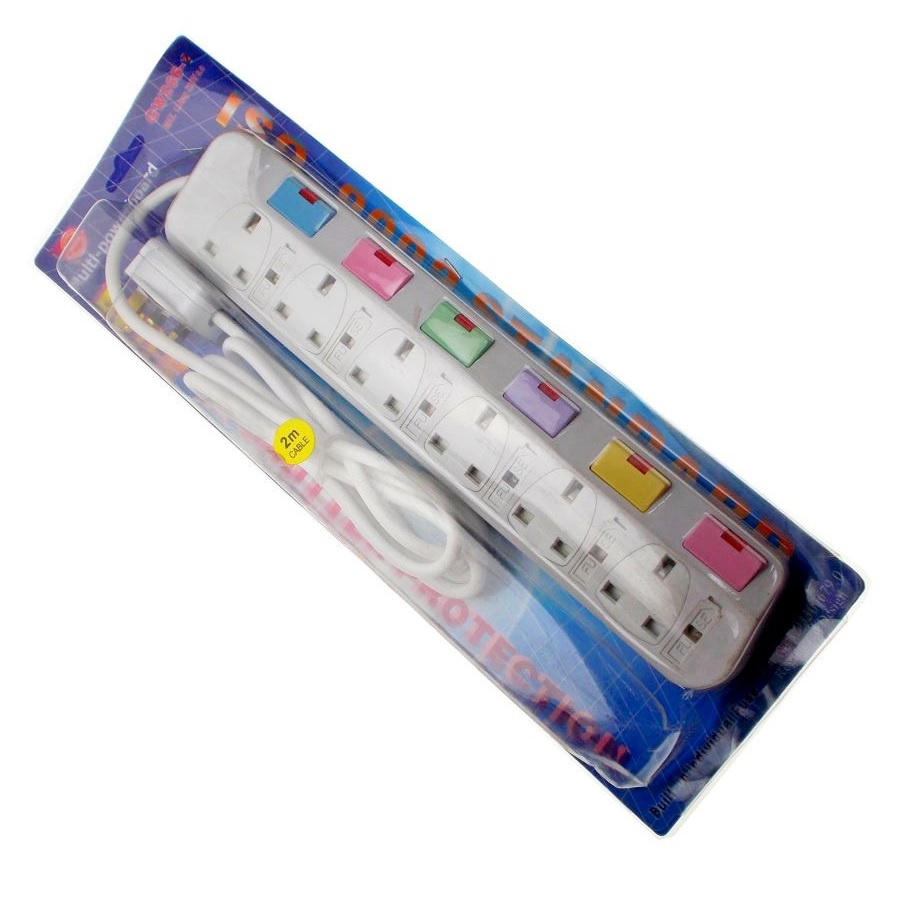 13A 6 Gang Trailing Socket c/w 2 Mts Cable 2200w Big Switch Button ...