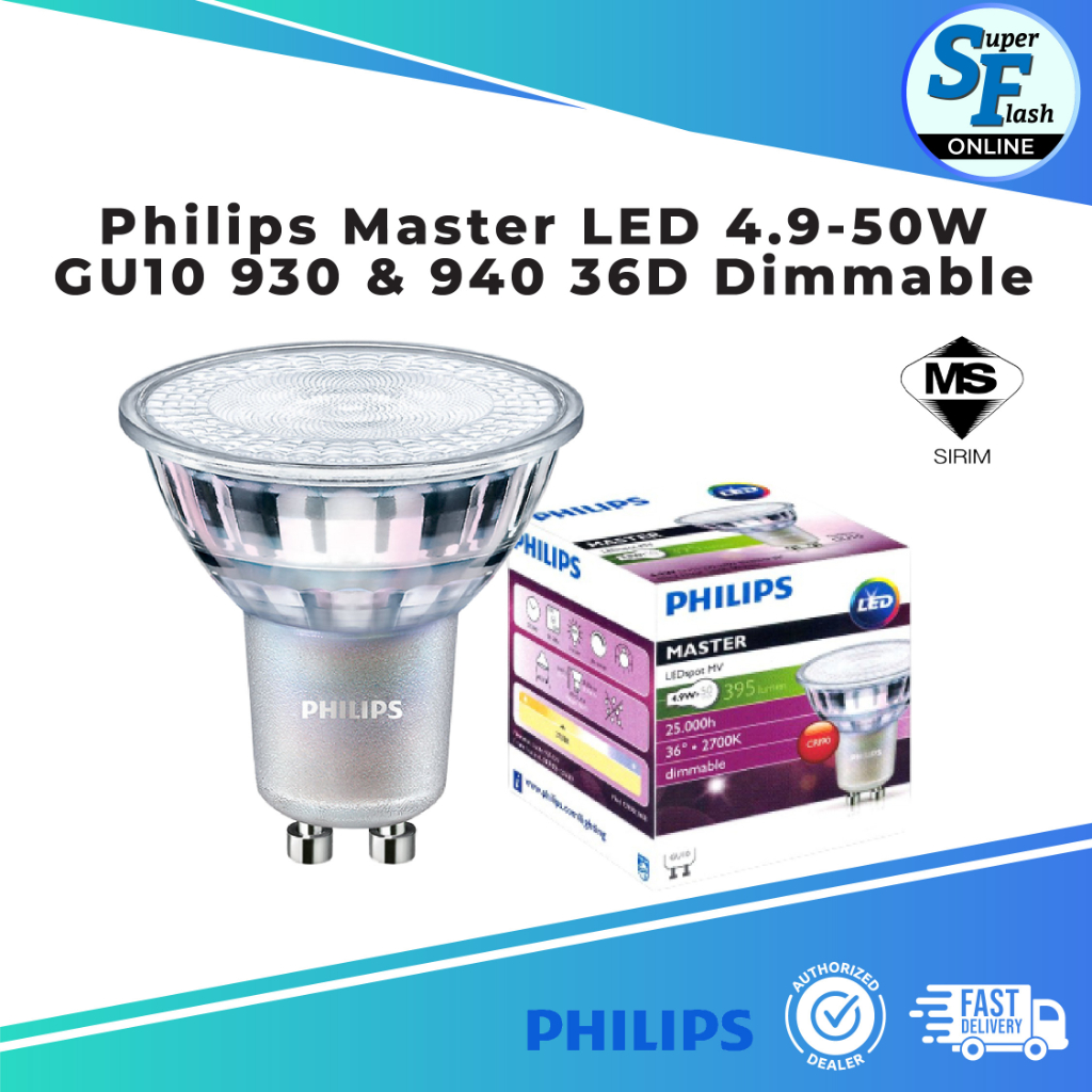 Philips Master LED 4.9/5-50W MR16 GU10 36D (Dimmable) - 3000K/4000K ...