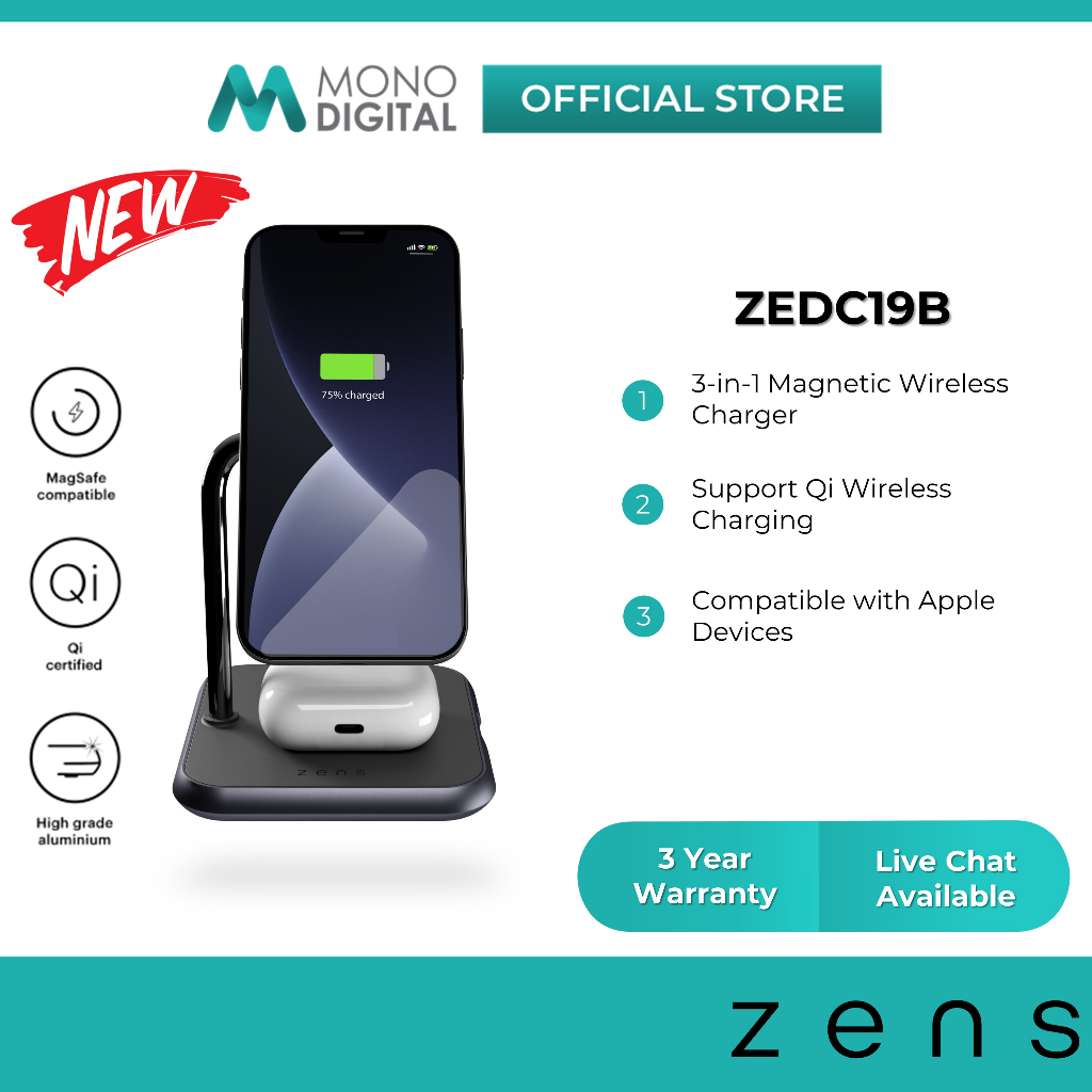 Zens ZEDC19B 3-in-1 Magnetic Wireless Charger with Built-in USB-C Port ...