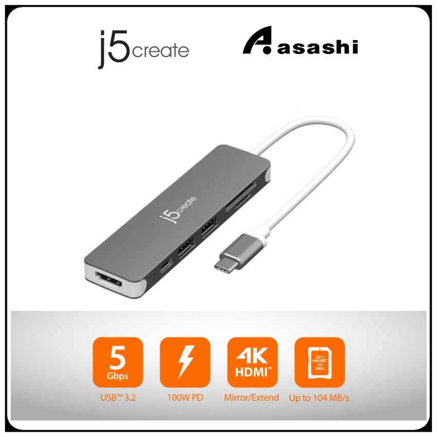 J5create JCD353 6-in-1 USB-C to 4K HDMI Multi-Port Hub with USB Type-A* ...