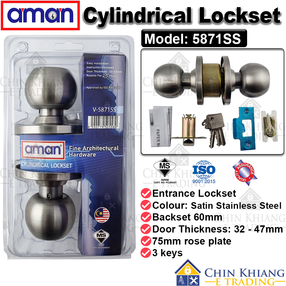 Aman 5871SS Cylindrical Entrance Doorknob Lock Satin Stainless Steel Sirim Tombol Pintu V-5871SS ...