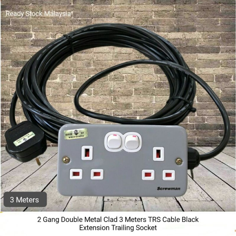 Heavy Duty 2 Gang Double Metal Clad 3 Meters TRS Cable Black Extension ...