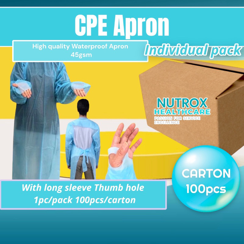 Disposable CPE Apron, CPE Gown CARTON of 100pcs Individual Pack waist ...