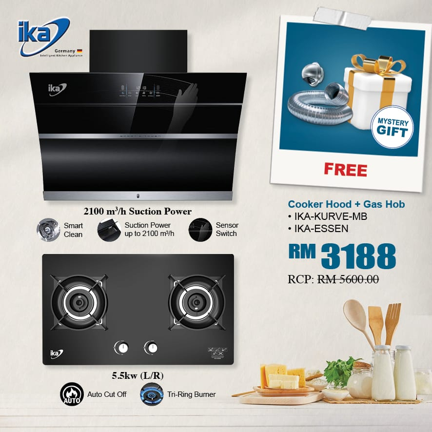 [PACKAGE] IKA-KURVE 90cm Glass Chimney Kitchen Cooker Hood(1800M3)+IKA ...