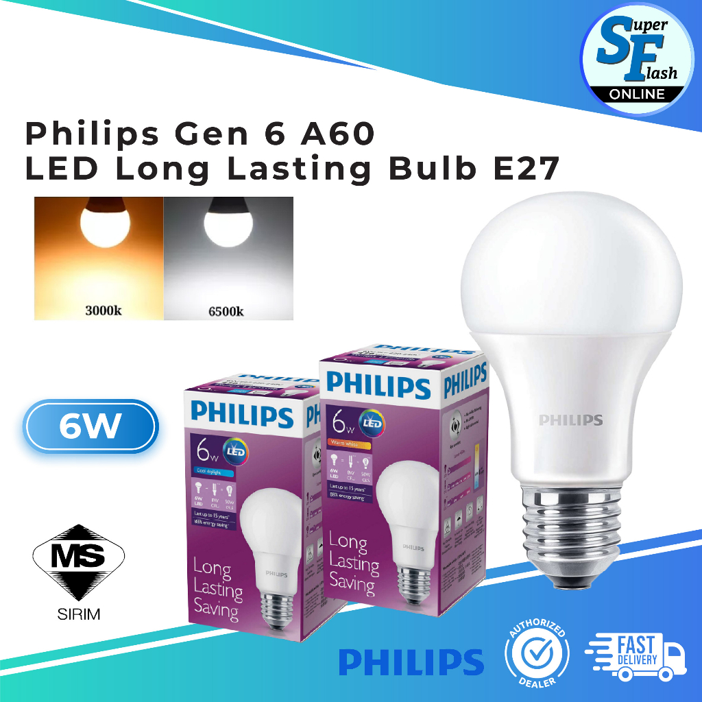 Philips 6W/50W A60 Long Lasting Light Bulb E27 (Warm White 3000K, Cool Daylight 6500K) | Shopee ...