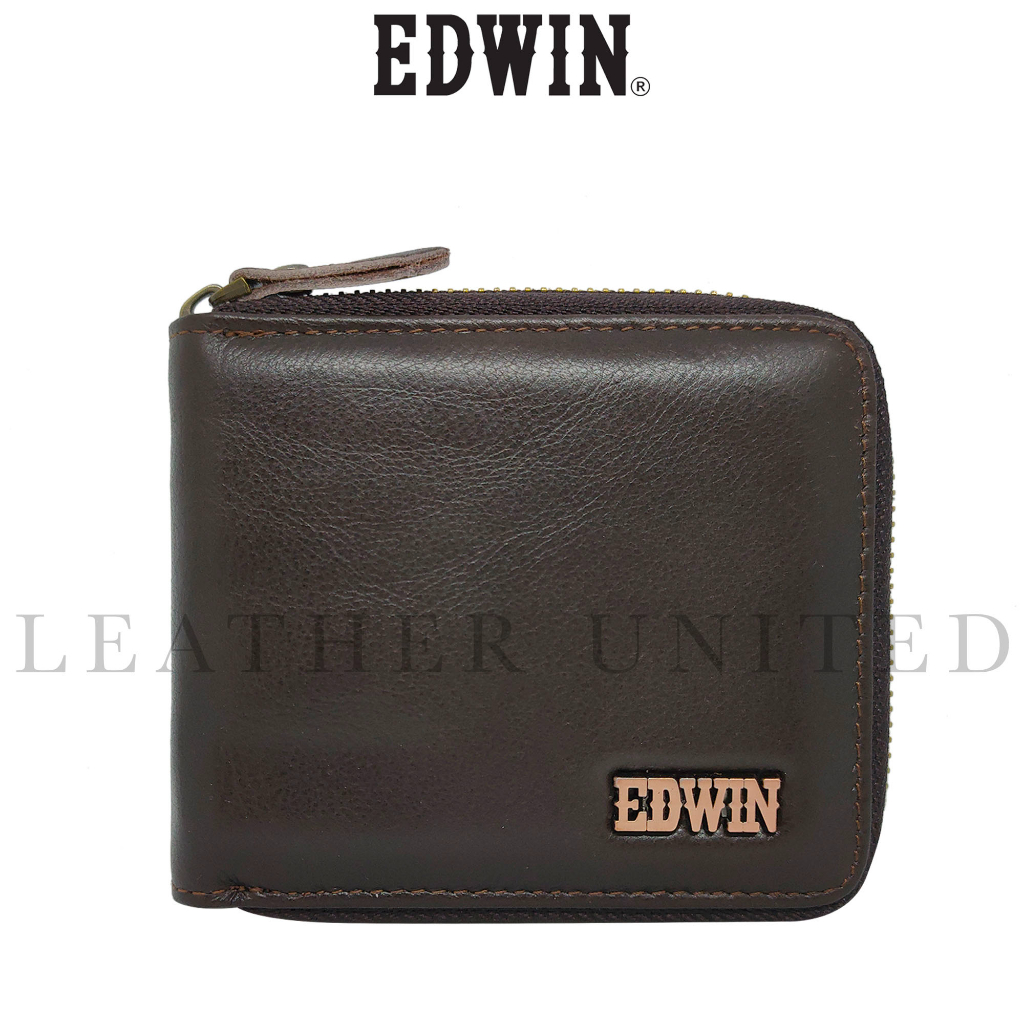 𝗘𝗗𝗪𝗜𝗡 𝗖𝗢𝗟𝗟𝗘𝗖𝗧𝗜𝗢𝗡 Genuine Top Grain Leather Copper Logo Short Zipper ...