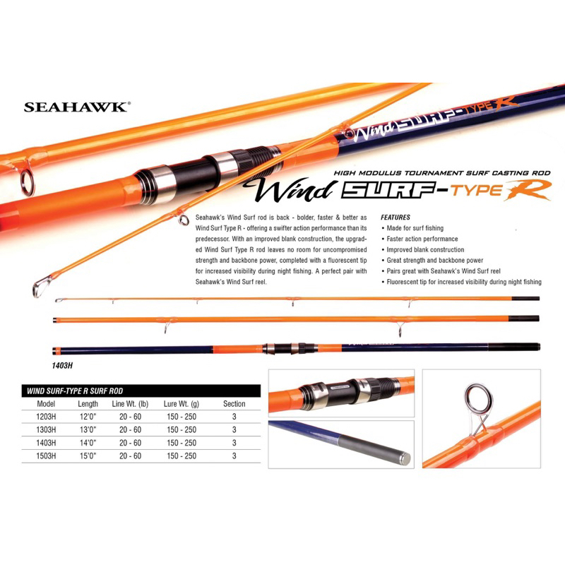 Seahawk Rod Windsurf Type R 1403H/1503H 20-60LB Surf Rod Rod Pantai ...