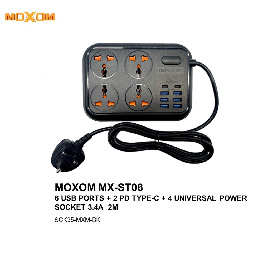 MOXOM MX-ST06 6 USB PORTS + 2 PD TYPE-C + 4 UK PLUG UNIVERSAL POWER ...