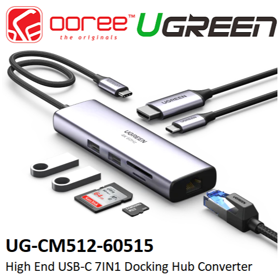 UGREEN CM512 HIGH END USB-C DOCKING 2*USB3.0+ HDMI 4K@60HZ + GIGABIT + SD&TF + PD ADAPTER ...