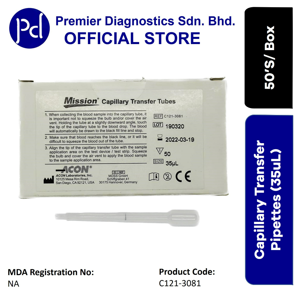 ACON Mission Capillary Transfer Pipettes 35uL (50's) EXP 05.06.2027 ...