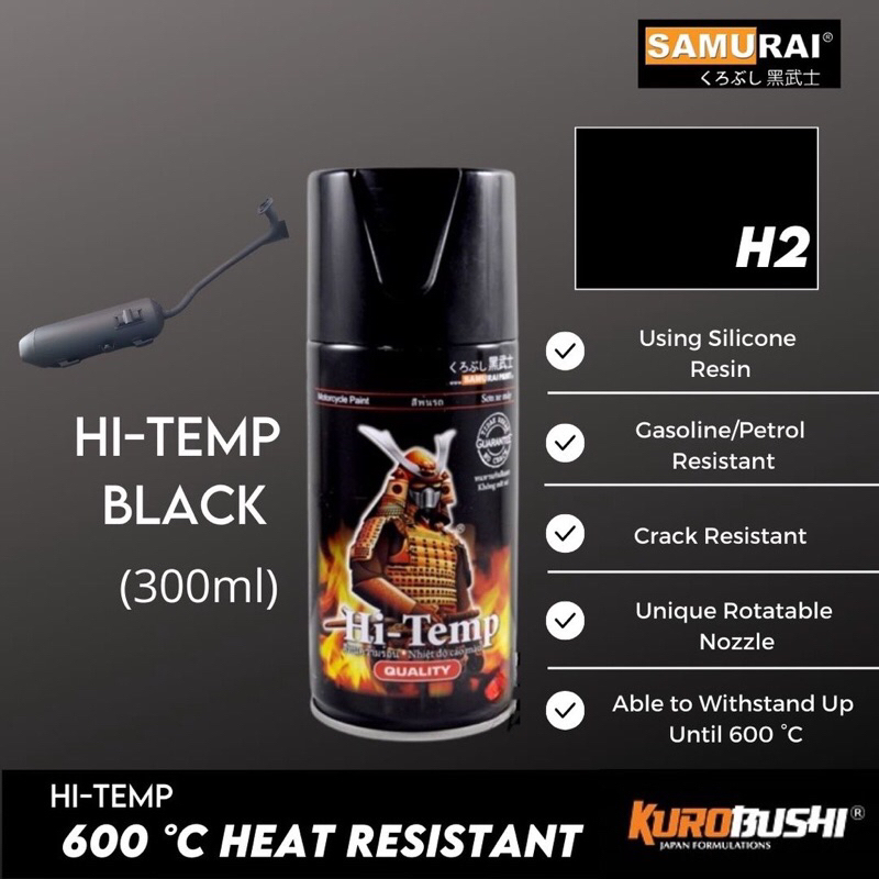 Samurai Hi Temp Spray Paint Black H2 Aerosol Spray Cat Tahan Panas Spray Exhaust Kereta & Motor ...