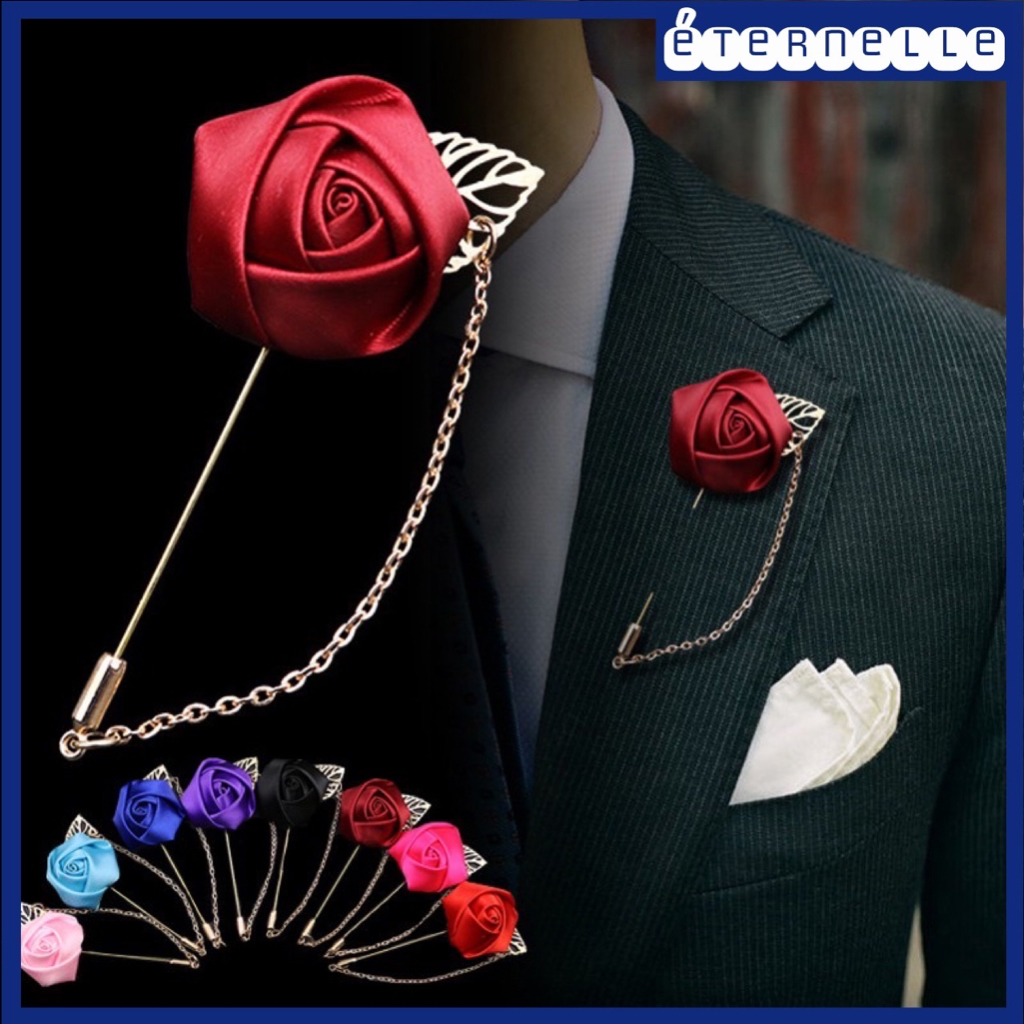 Men Suit Lapel Rose Flower Golden Leaf Fashion Brooch Pin Corsage Men
