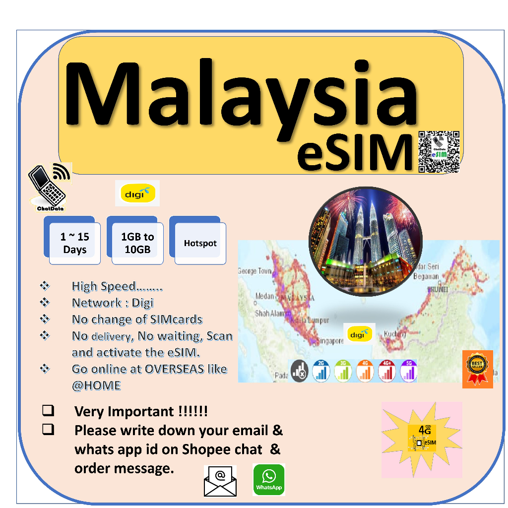 eSIM Malaysia SIM (eSIM), prime telecom network (Digi), 4G High Speed ...