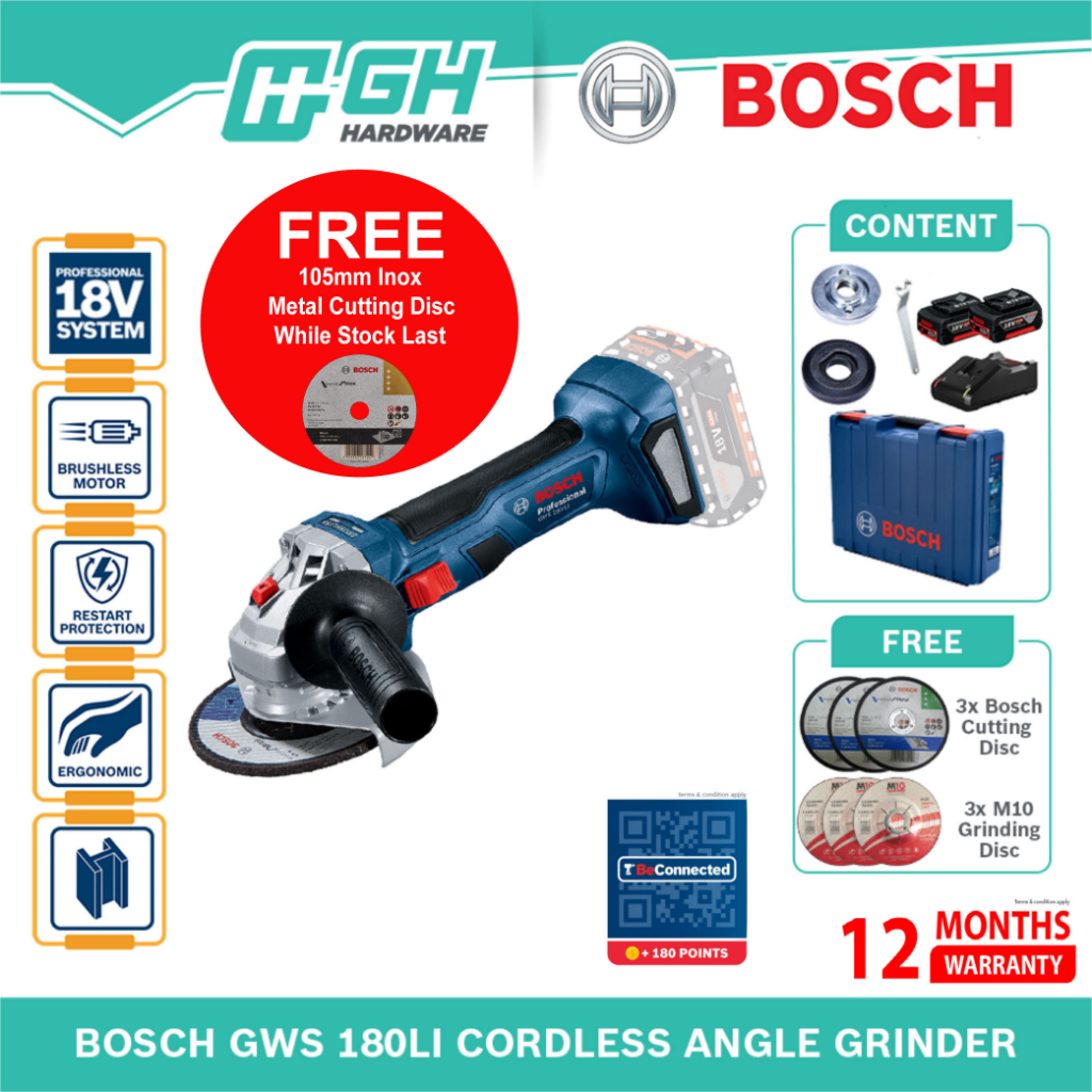 [ GH HARDWARE ] [ New / Upgraded ] BOSCH GWS 180 Li Brushless Cordless ...