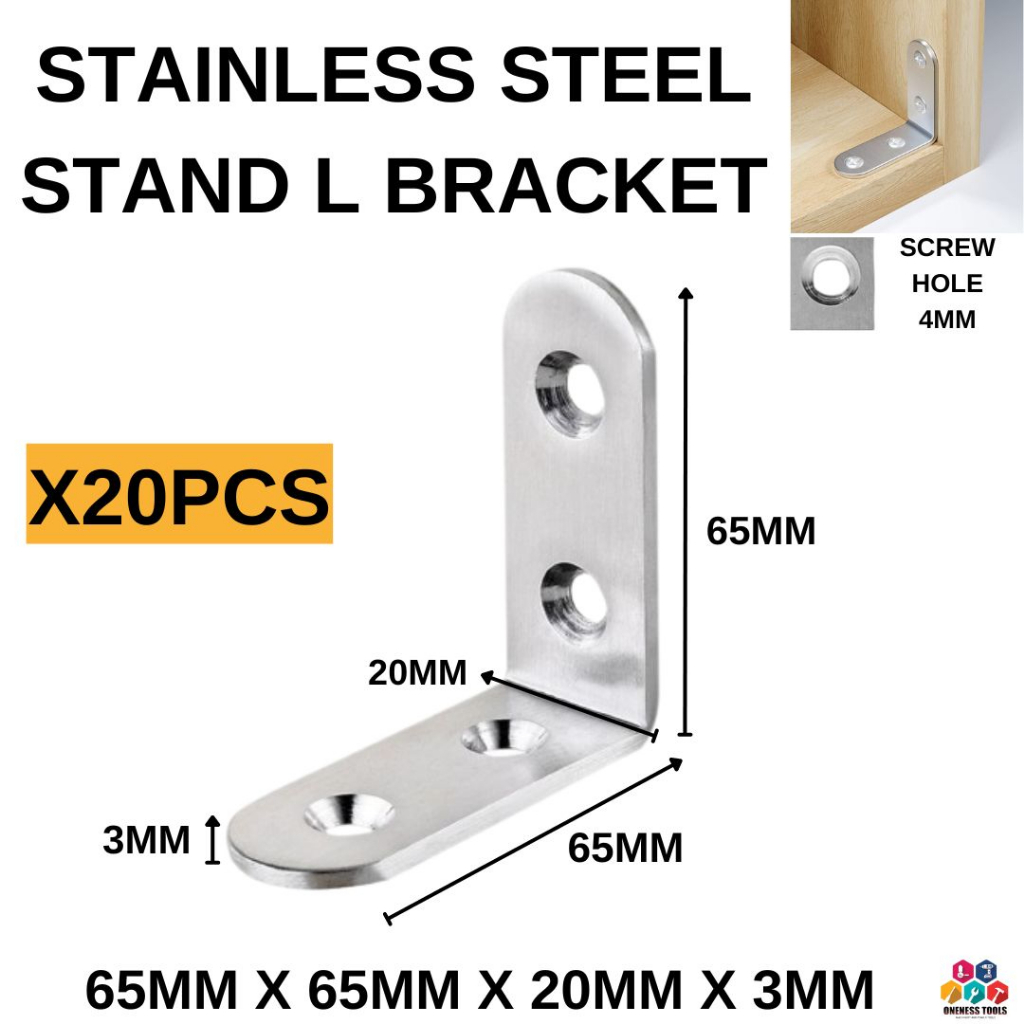 STAINLESS STEEL STAND L BRACKET -65MM X 65MM X 20MM X 3MM -20PCS ...