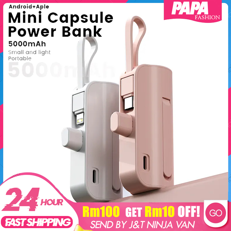 Portable Capsule Mini Power Bank 5000mAh Android Type-C & IOS Mini ...