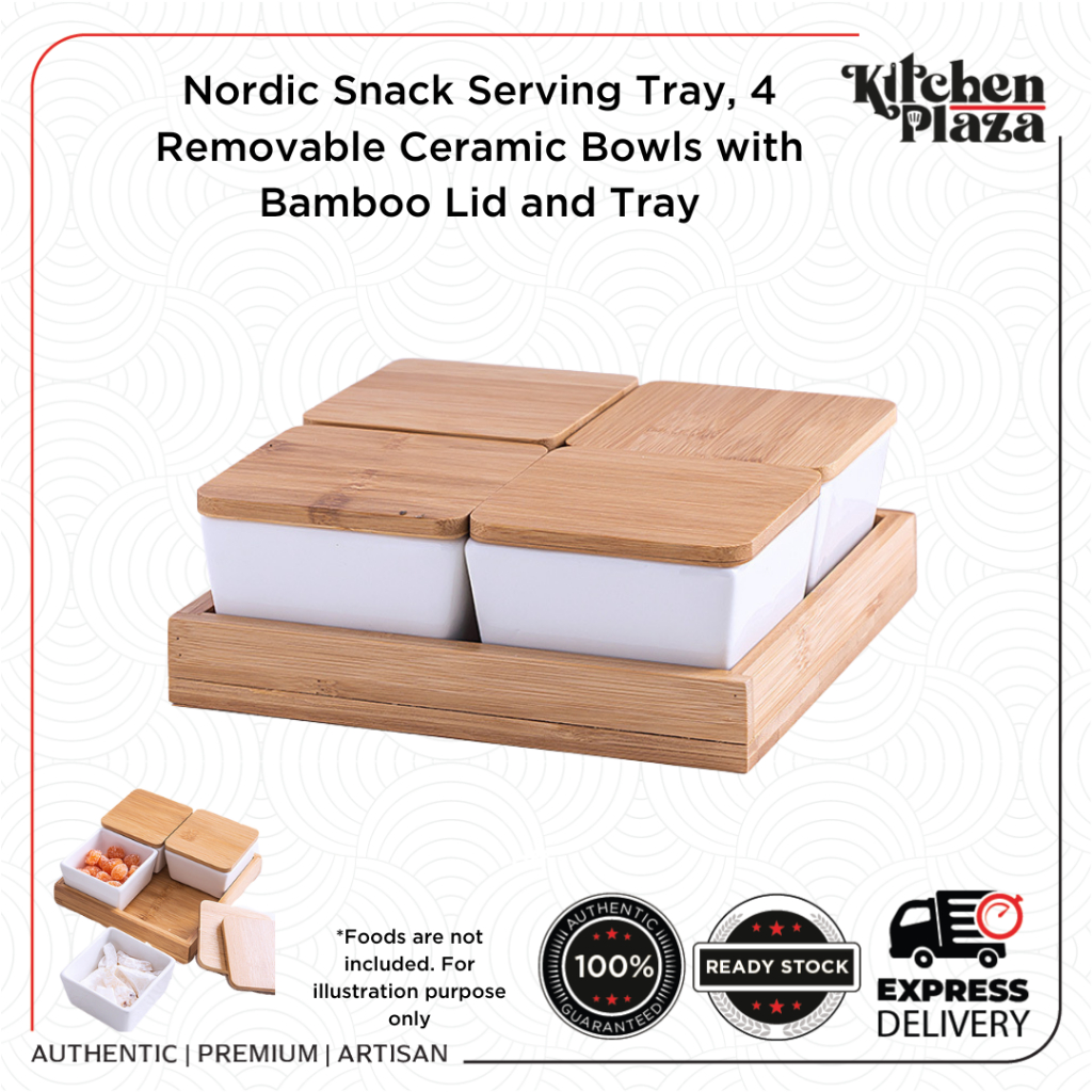 Nordic Snack Serving Tray, 4 Removable Ceramic Bowls with Bamboo Lid ...