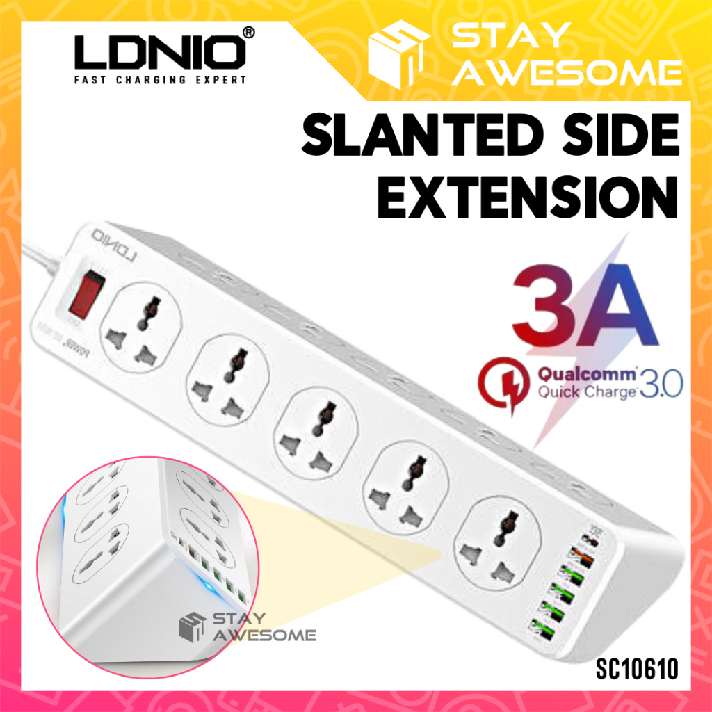 LDNIO Socket Extension Plug Cord Wire With USB C Port Type C Surge ...