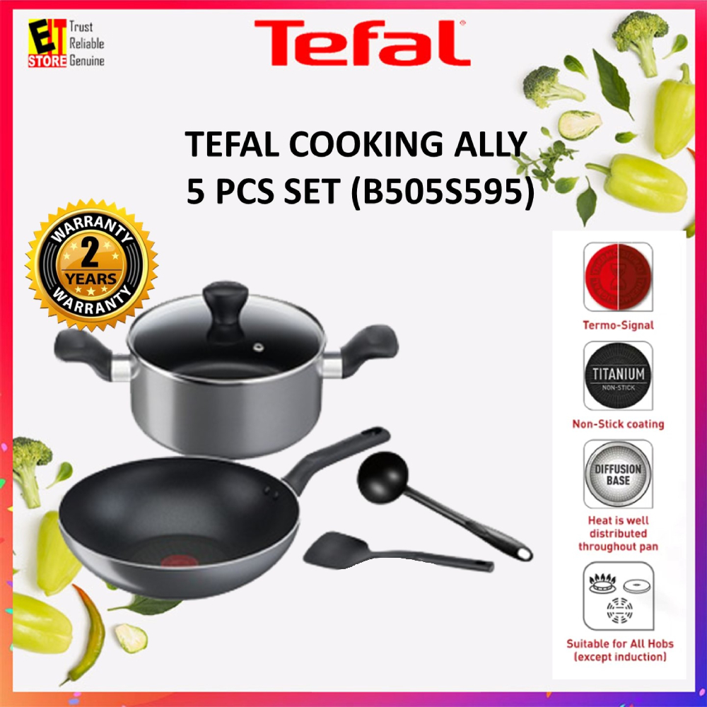 TEFAL COOKING ALLY 5 PCS SET (B505S595) - WOKPAN 28CM+STEWPOT 20CM+GLASS LID 20CM+LADLE+SPATULA ...