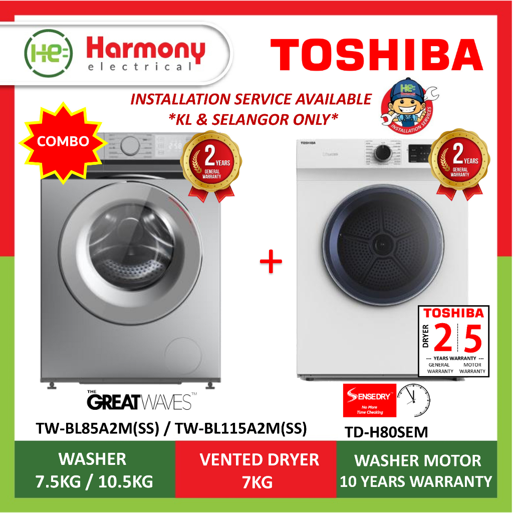 (COMBO OFFER) TOSHIBA 10.5kg Front Load Inverter Washer TW-BL115A2M(SS) + TOSHIBA 7kg Dryer TD ...