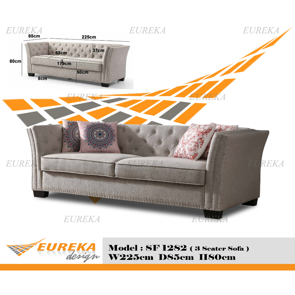 EUREKA Sofa 3 Seater Upholstery Linen Fabric Spring Modern / Kerusi ...