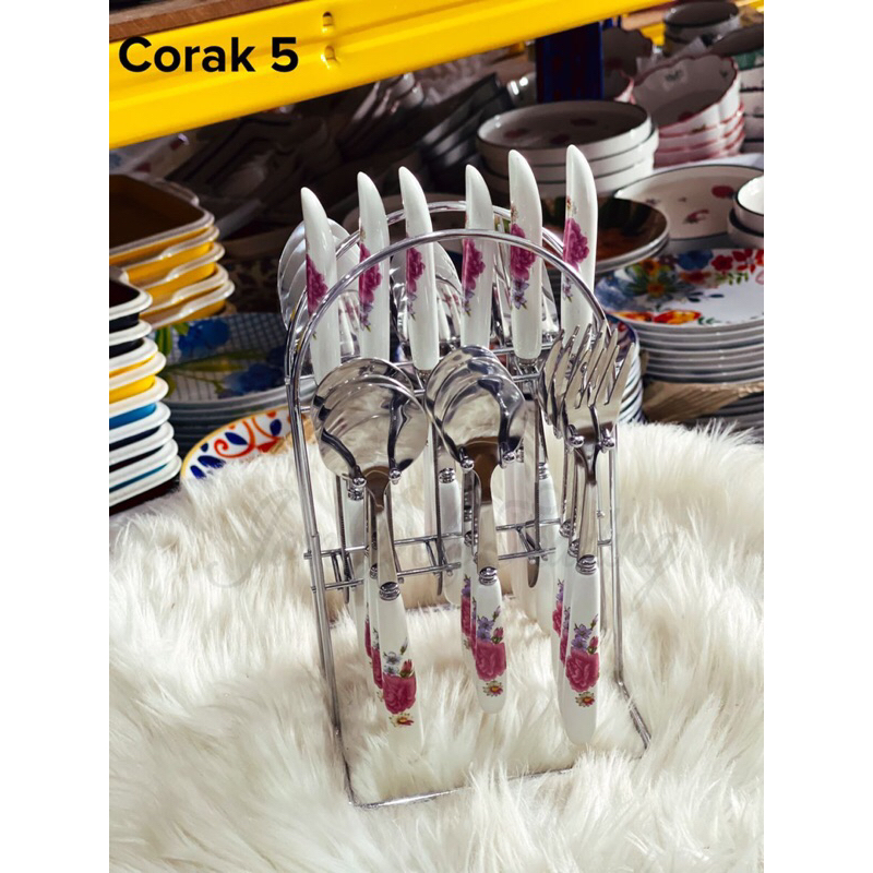 Cutlery Set 24pc Free Rak Floral Design Porcelain Handle Stainless ...