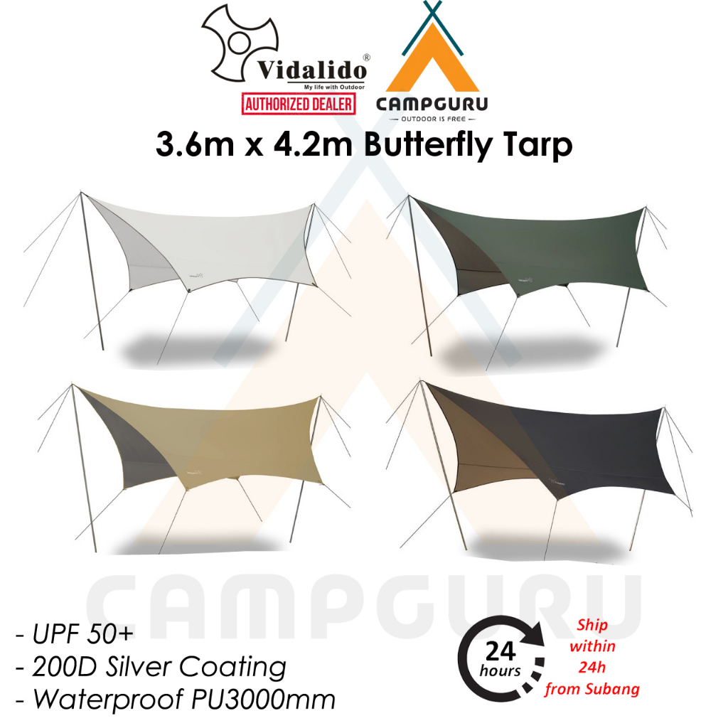 VIDALIDO Butterfly Shape Tarp 3.6m x 4.2m BLACK / SILVER Coating ...