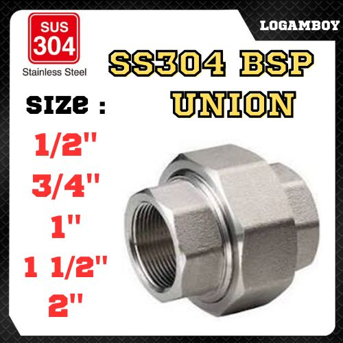 UNION COUPLING STAINLESS STEEL SS304 BSP PIPE Size 1/2'' 3/4'' 1'' 1 1/ ...
