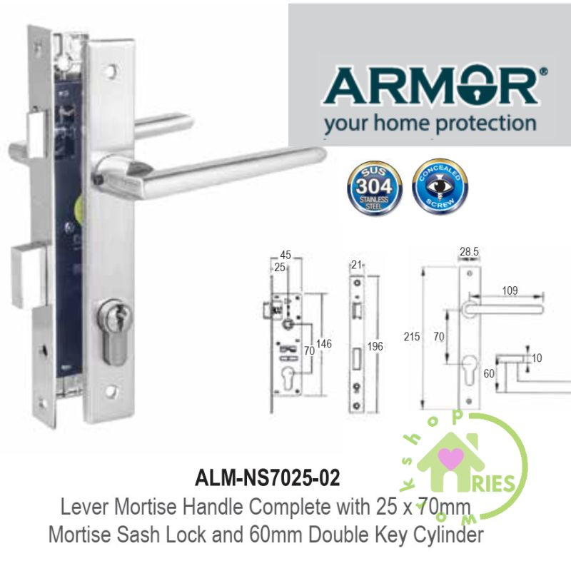 ARMOR Grill Door Lock 7025 02 Lever Mortise Handle Complete with 25 x ...