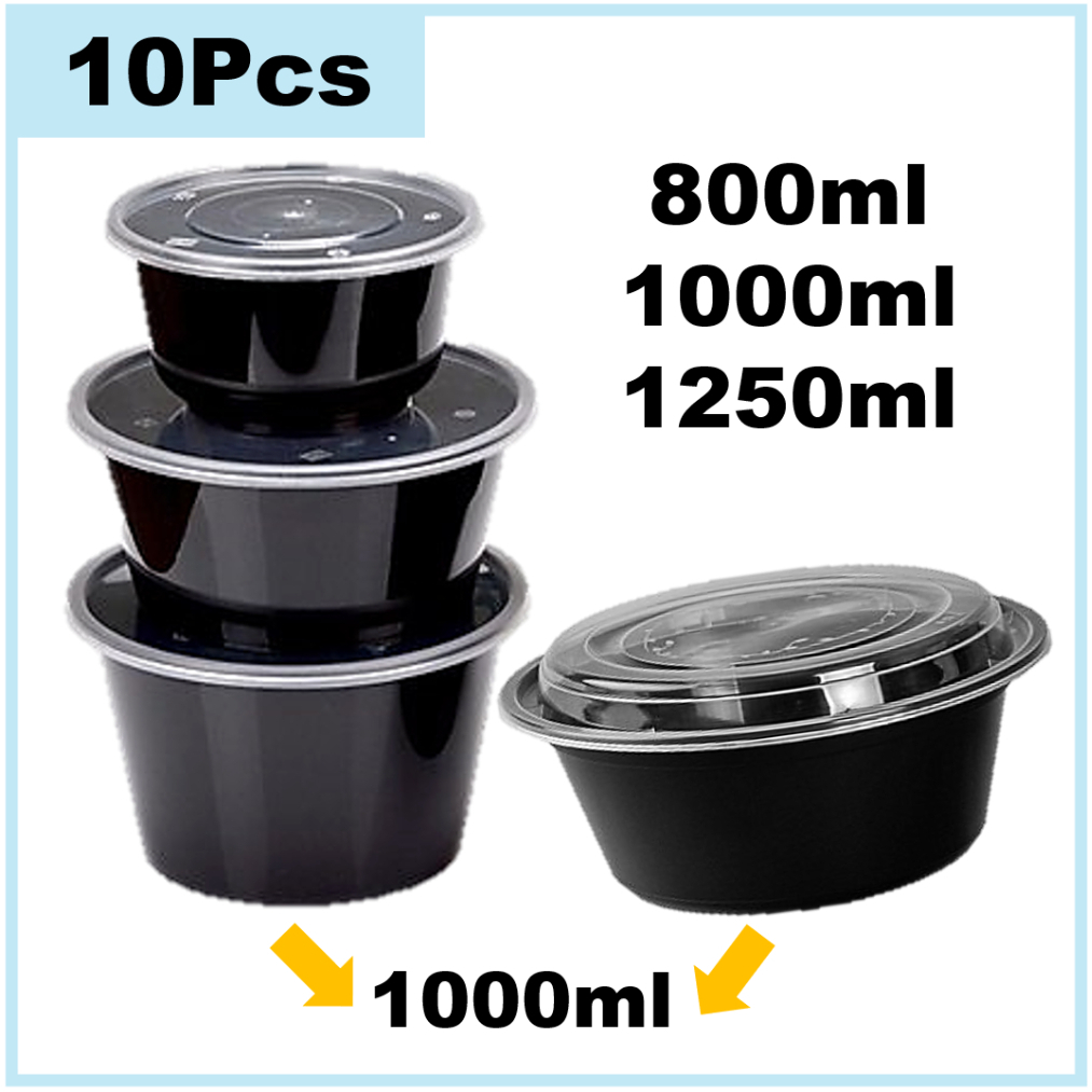 10pcs Black Round Container with Flat Clear Lid 800ml 1000ml 1250ml ...