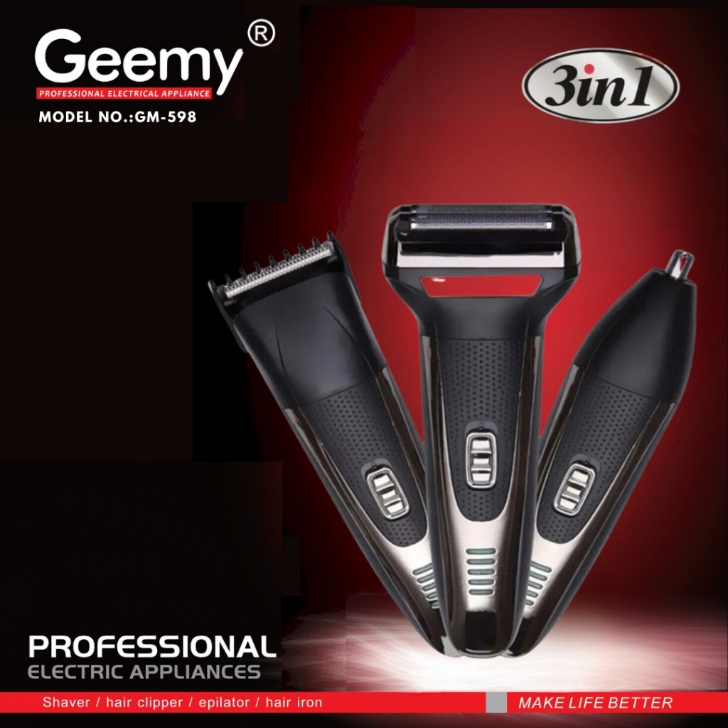 GEEMY GM-598 3 IN 1 Professional Hair Trimmer Rechargeable Hair Clipper Nose Trimmer Shaver ...