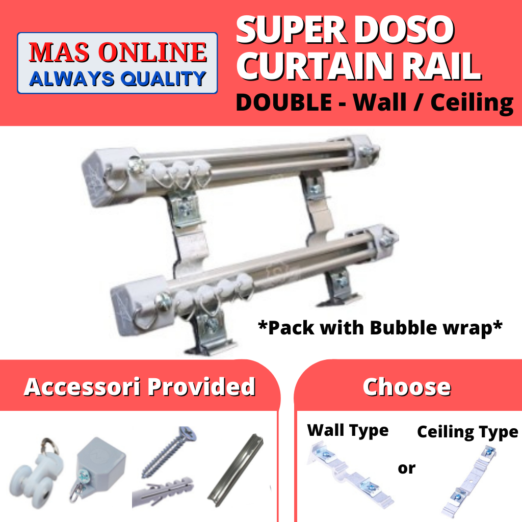 SUPER DOSO Heavy Duty Double Set Aluminium Langsir Rod/Curtain Rail ...