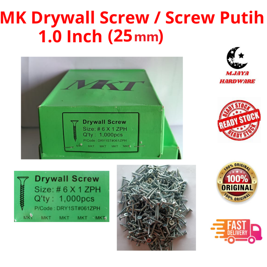 250, 500pcs #06X1" (25MM) MK WHITE DRYWALL SCREW CEILING PLASTER SCREW ...
