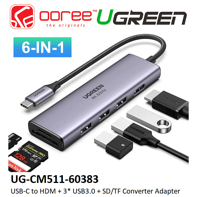 UGREEN CM511 TYPE-C USB-C 3.0 MALE TO HDMI + 3* USB3.0 + SD/TF FEMALE CONVERTER ADAPTER USB-C ...