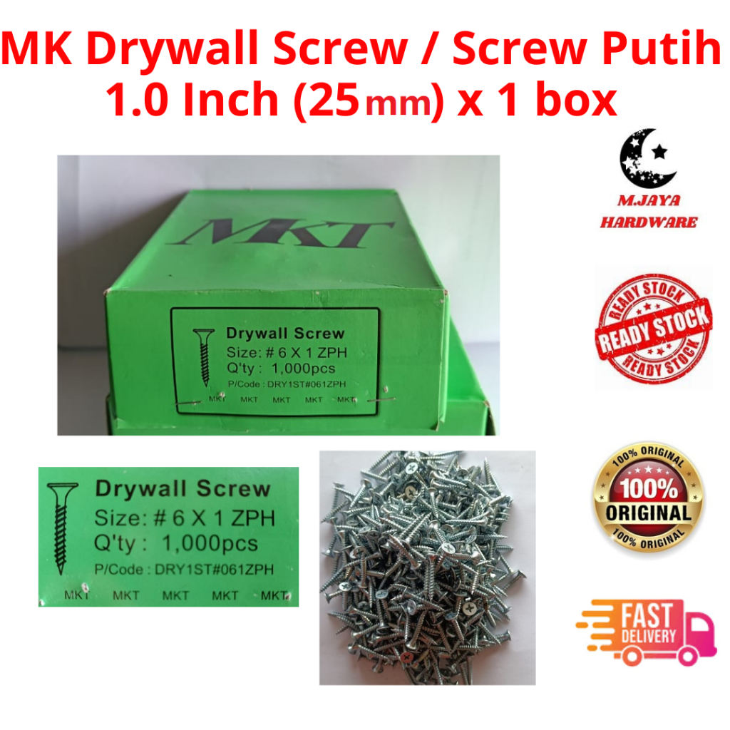 1000PCS/1.3KG/BOX #06X1"/25MM MK WHITE DRYWALL SCREW CEILING PLASTER SCREW CHIPBOARD SCREW SKRU ...