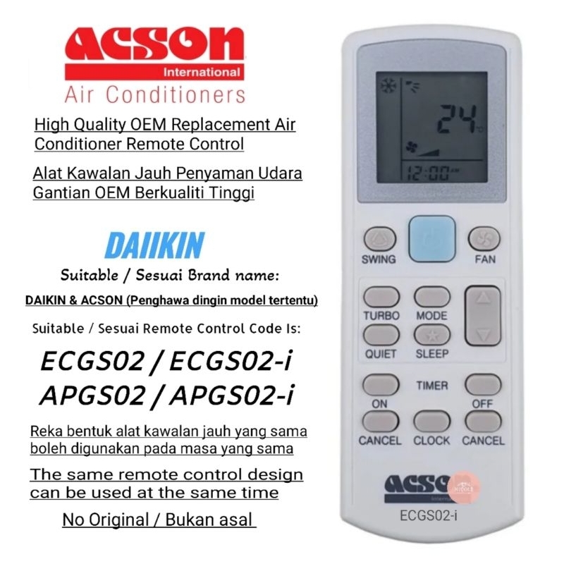 Daikin Acson Air Cond Air Conditioner Replacement Remote Control APGS02 ...