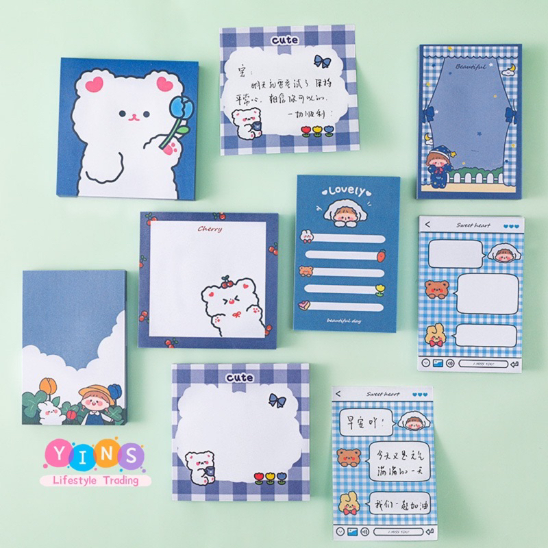Yins 80 Pages Blue Series Bear Sticky Note Cute Memo Pad Can Stick Note ...