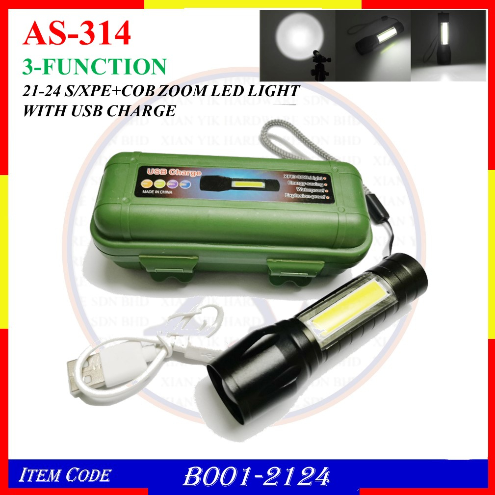 B001-2124 AS-314 3-FUNCTION MINI TORCH LIGHT XPE+COB ZOOM LED LIGHT WITH USB CHARGE | Shopee ...