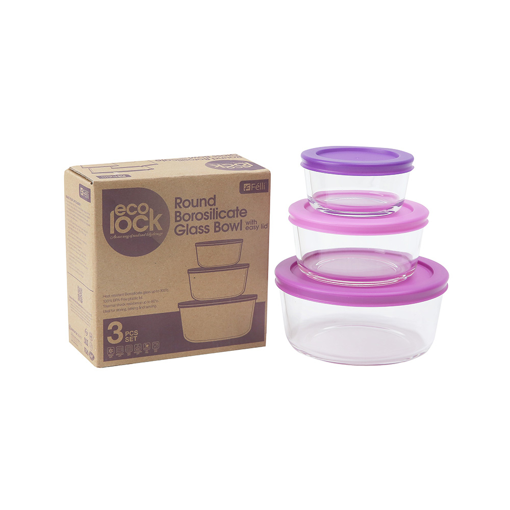 Felli Ecolock Borosilicate Glass Round Bowl With Easy Lid Set (3 Pcs ...